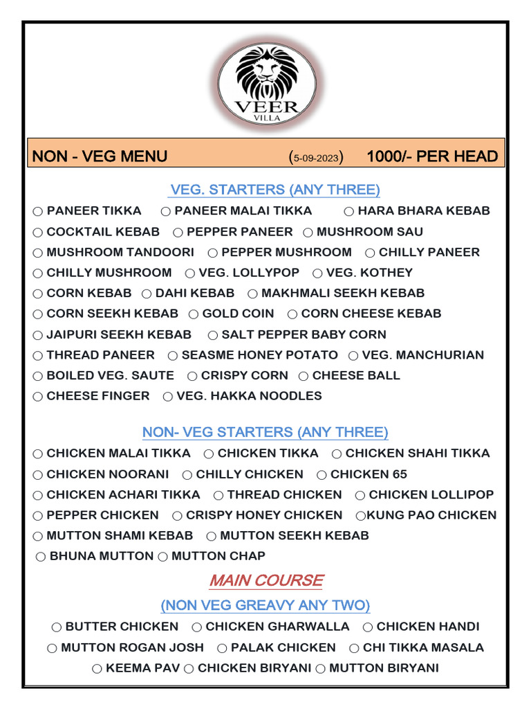 VEER VILLA 1000 NON VEG MENU | PDF
