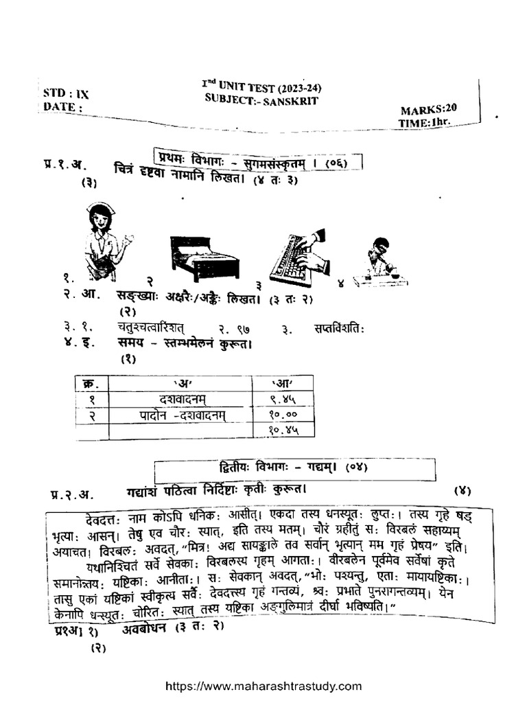 MH Board Class 9 Ut1 Sanskrit 181123 2024 | PDF