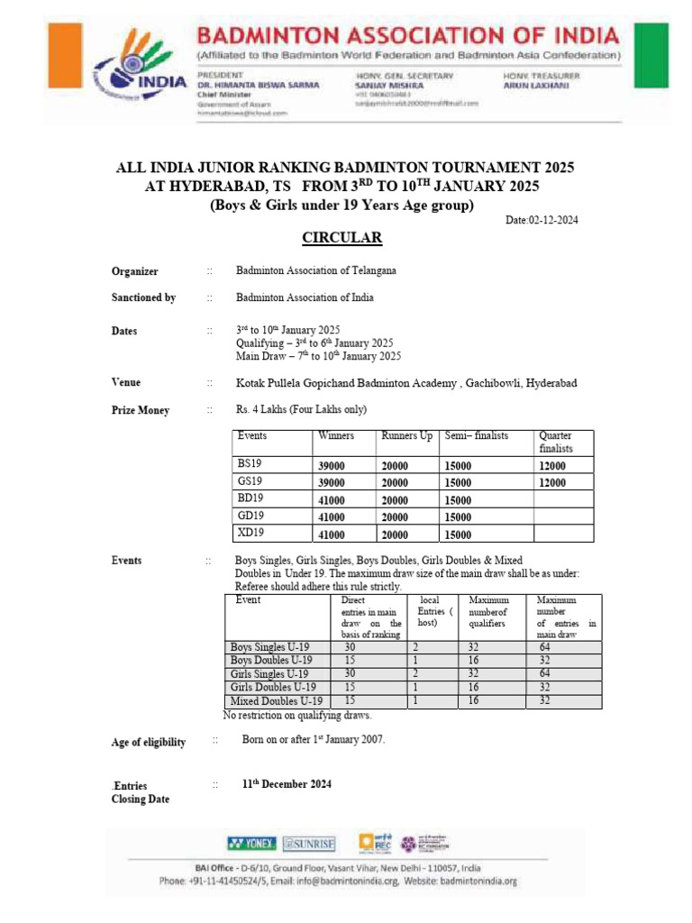 BAI Circular - All India Junior Ranking 2025 at Hyderabad | PDF ...