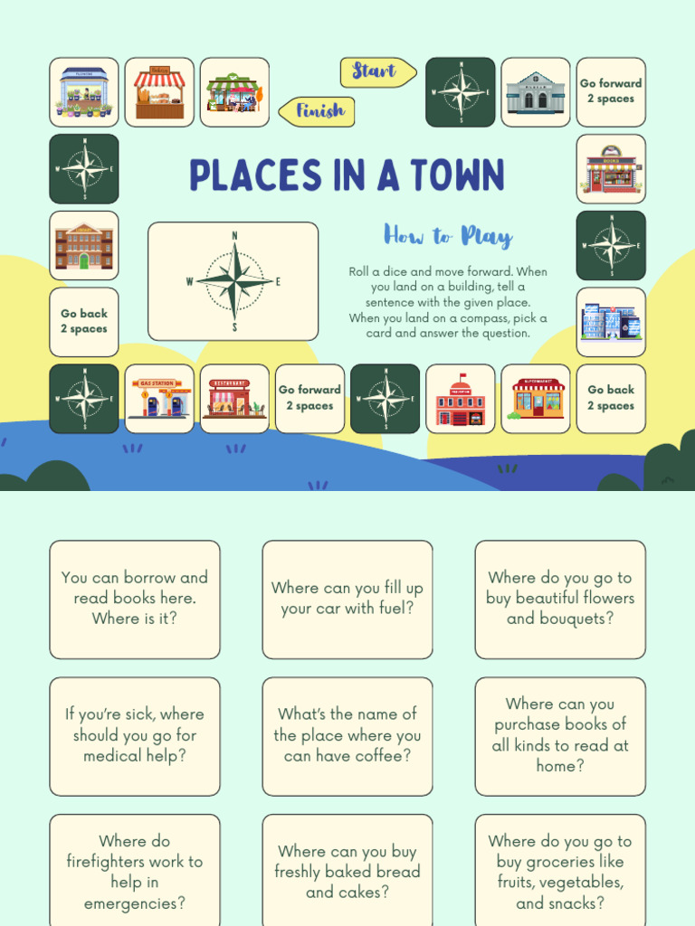Places in A Town English Board Game Poster in Colorful Illustrative ...