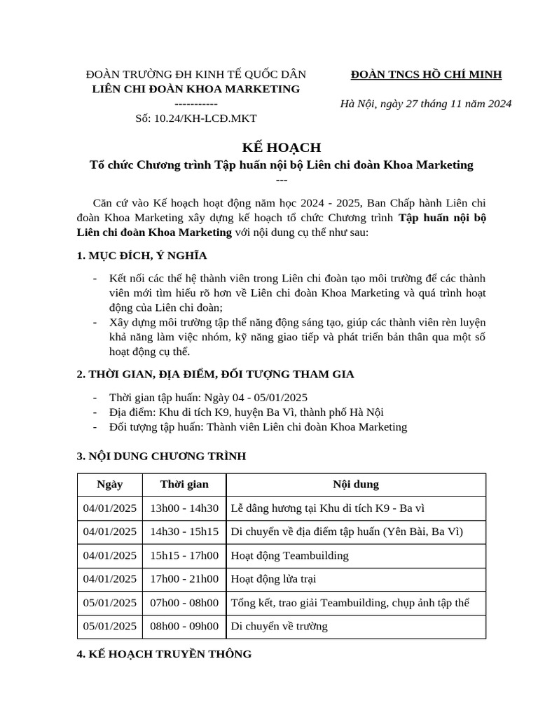 Kế Hoạch Tổ Chức Thnb Lcđ | PDF