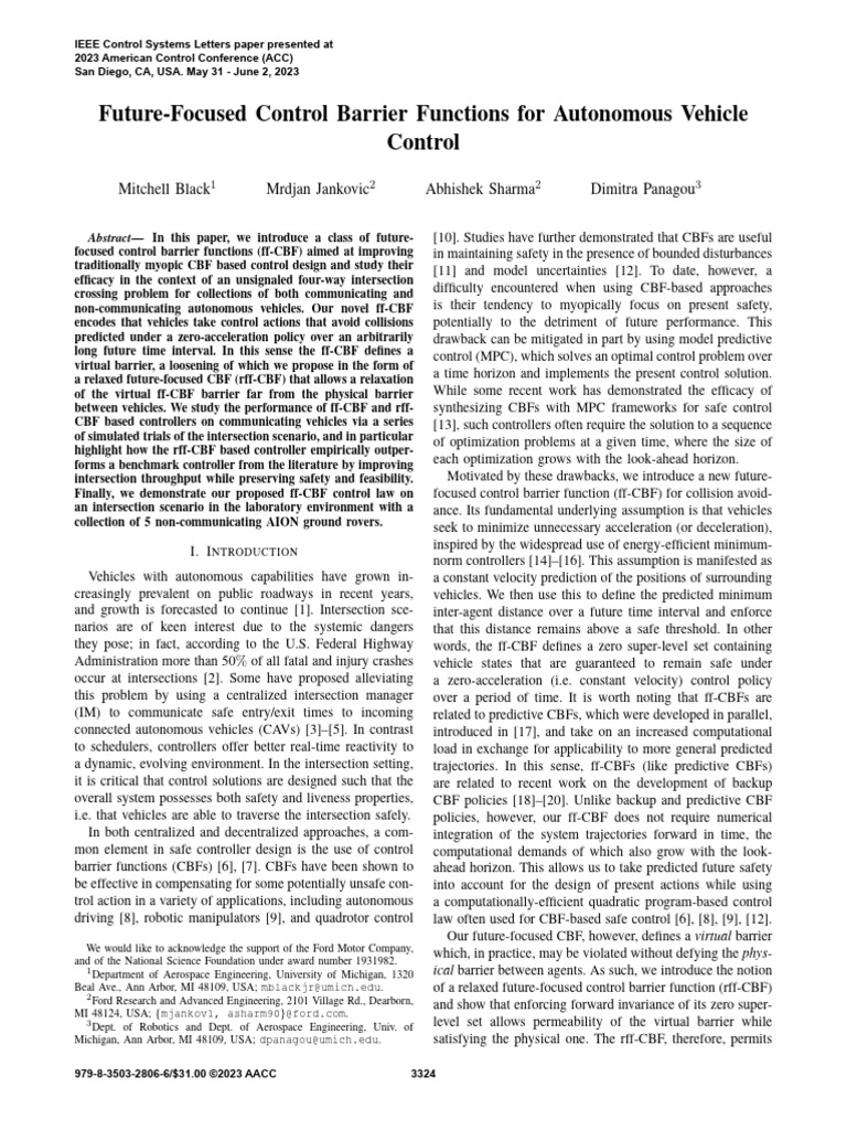 Future-Focused Control Barrier Functions for Autonomous Vehicle Control | PDF | Function ...