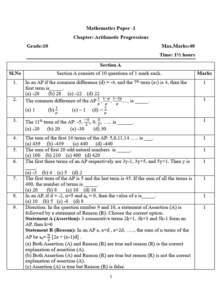 Mathematics Paper 1 Arithmetic Progression | PDF | Arithmetic | Mathematics