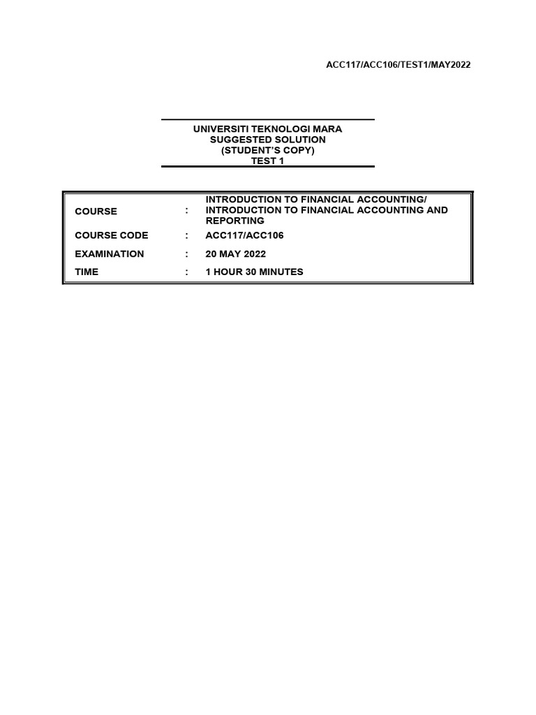 MAY2022 - ACC117 ACC106 - TEST 1 - SS (Student's Copy) | PDF | Debits ...