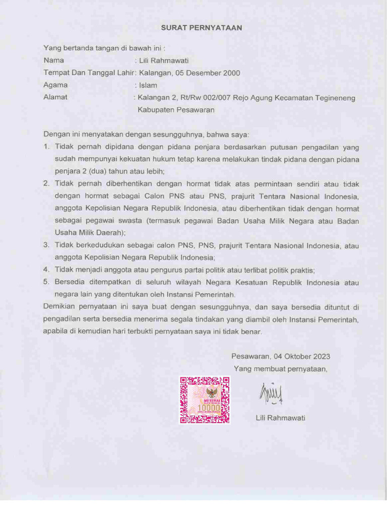 Surat Pernyataan E MATERAI | PDF