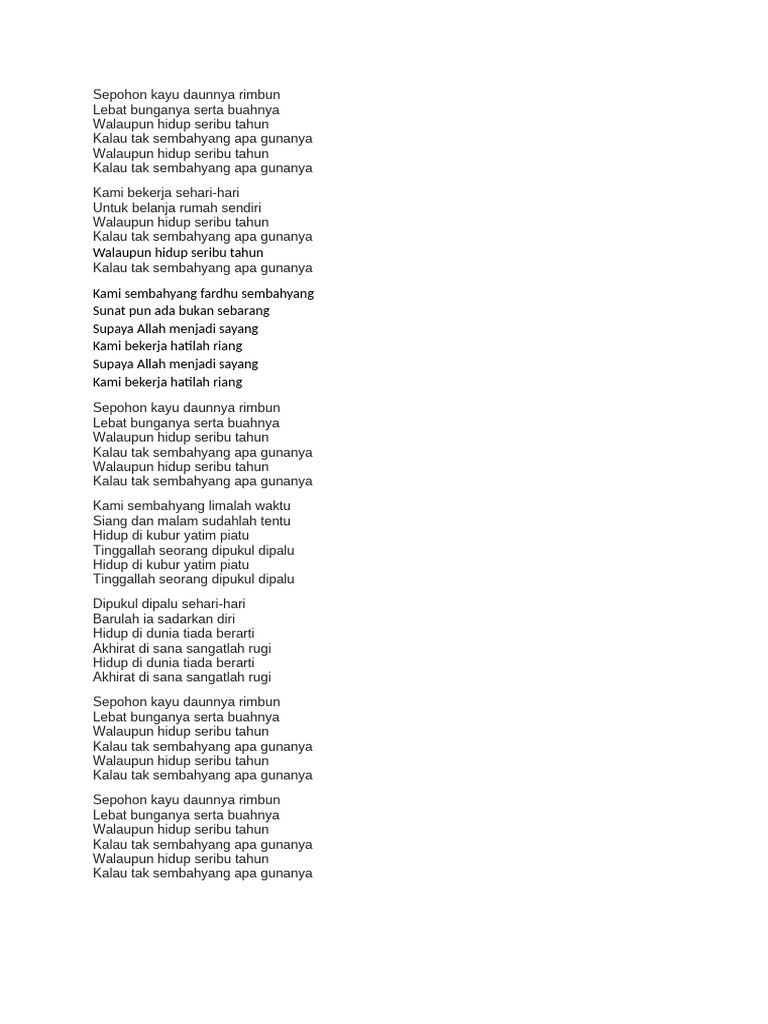 Lirik Lagu Sepohon Kayu Daunnya Rimbun | PDF