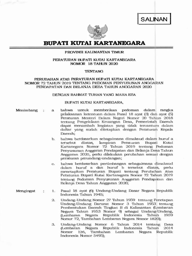 Perbup Kukar 18-2020 ttg Perubahan atas Peraturan Perbup Kukar 72-2019 ...