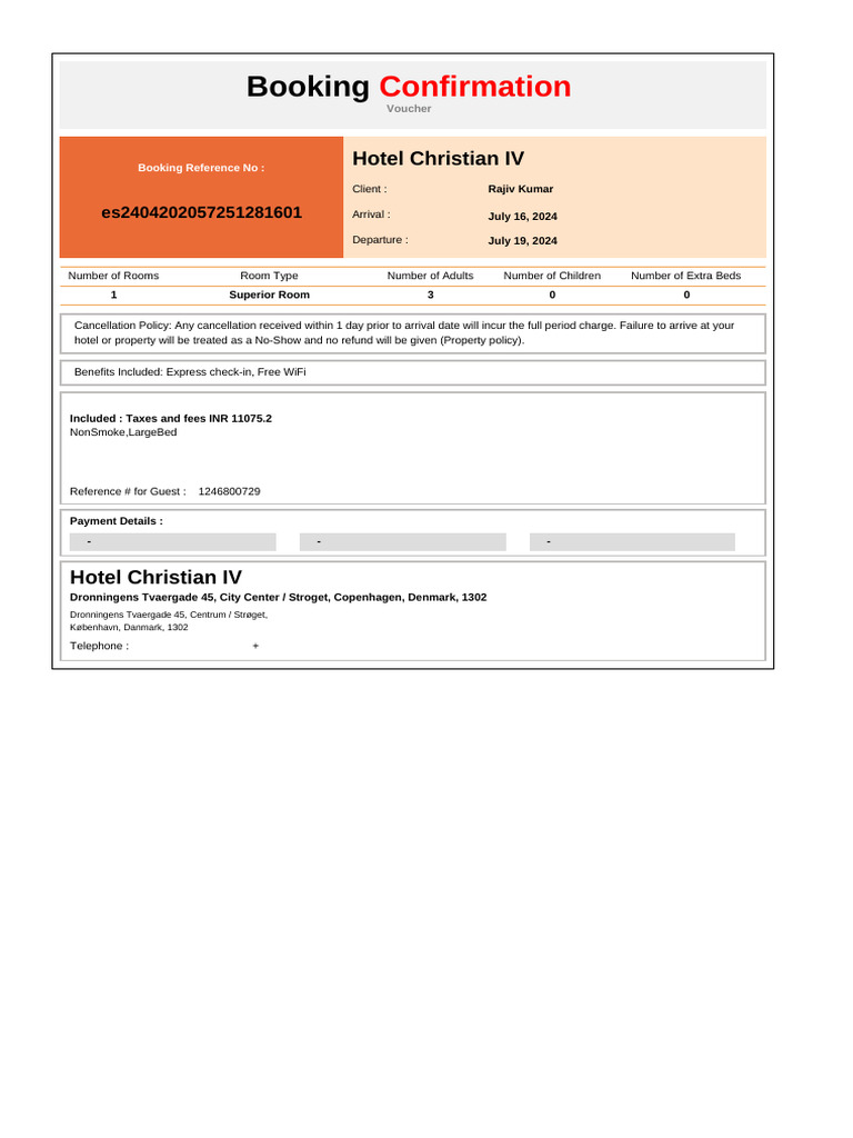 Hotel Christian IV Booking Confirmation | PDF