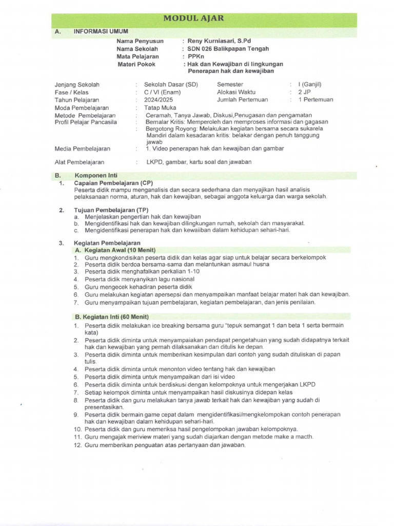 Modul Ajar Kelas 6 | PDF