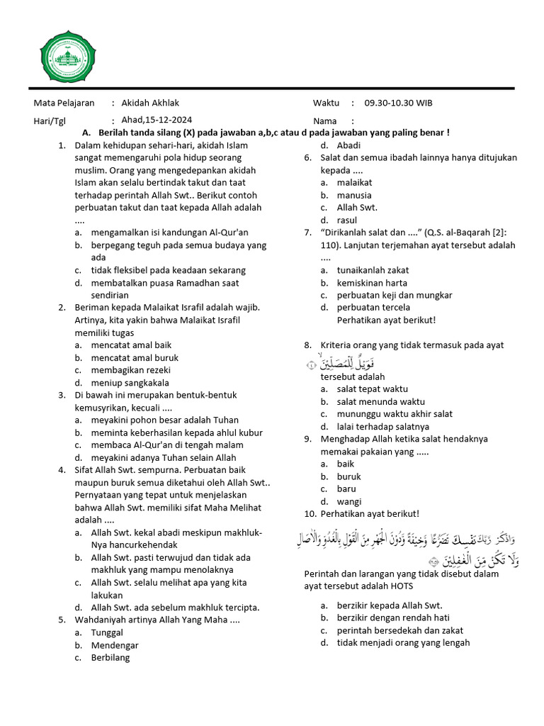 soal PAS Akidah Akhlak 7_2024 | PDF