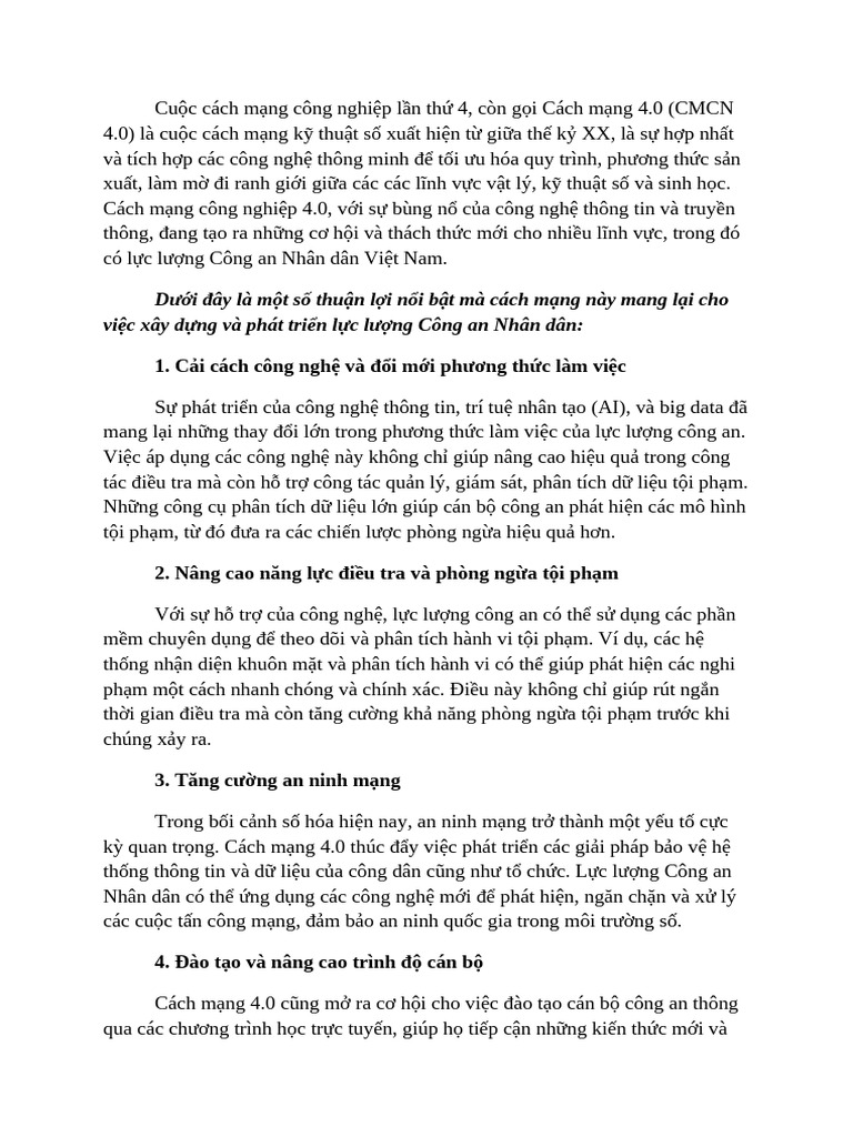 Thuận lợi và Khó khăn của cách mạng 4.0 trong xây dựng lực lượng CAND | PDF