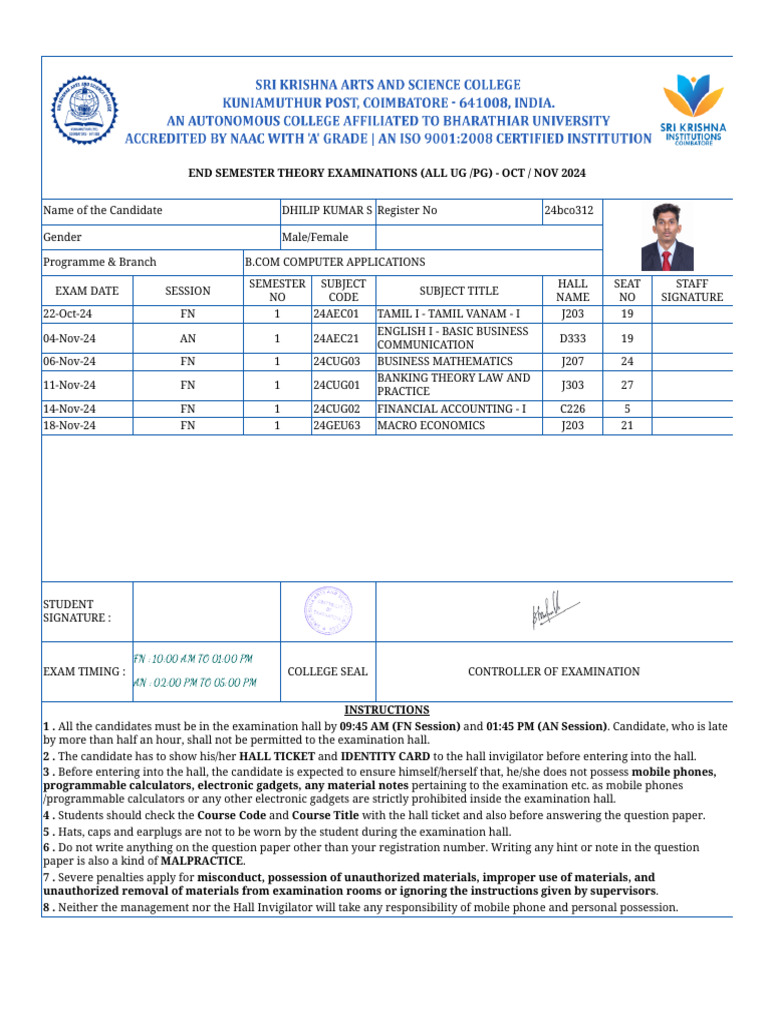 Hallticket Dhilip Kumar | PDF