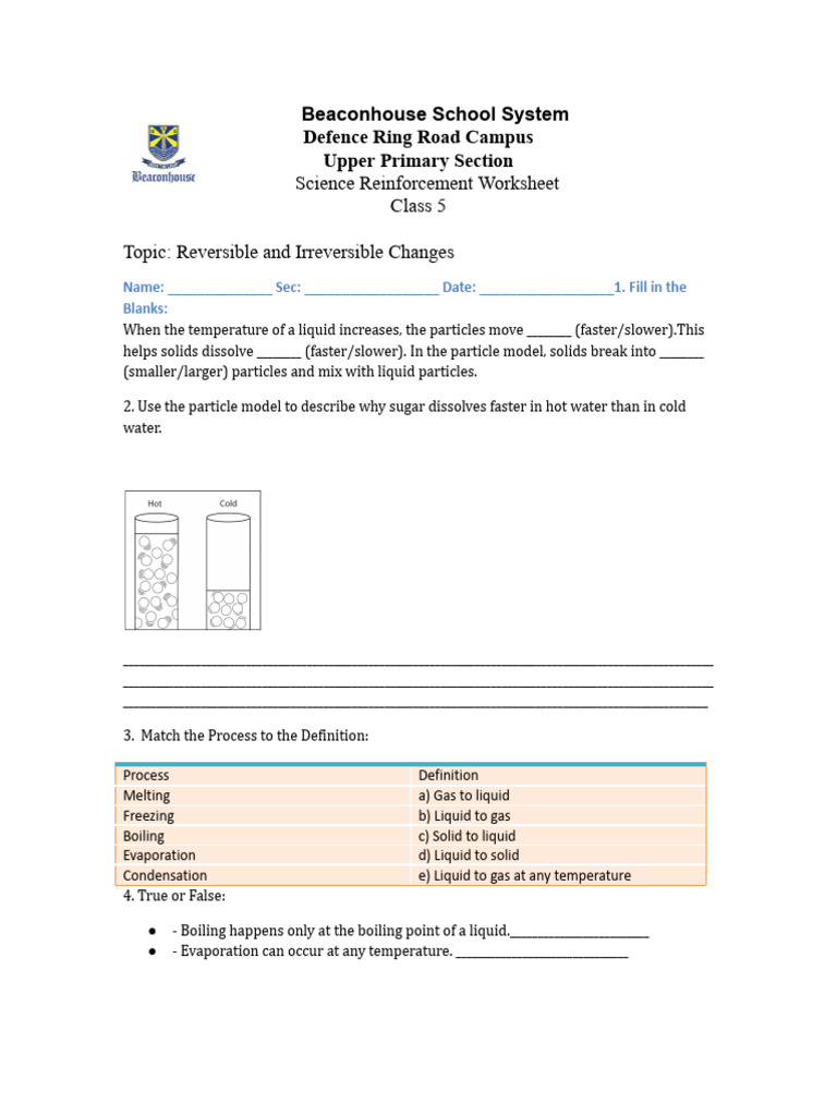 Reversible Irrevesibel Changes Reinforcement - Worksheet Sci Grade 5 ...