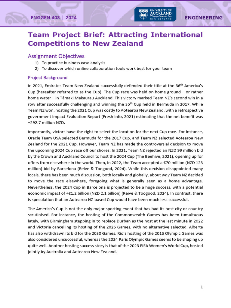 ENGGEN 403 Team Project Brief 2024 | PDF | Cost Of Living