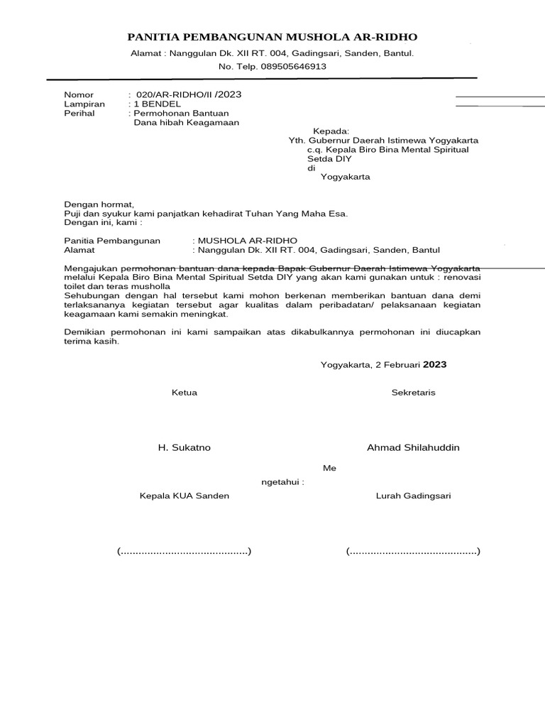 Permohonan Dana Renovasi Mushola Ar-Ridho | PDF