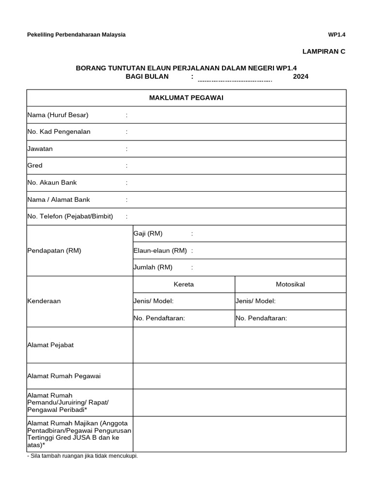 Templat Borang Tuntutan Elaun Perjalanan Tahun 2024 | PDF