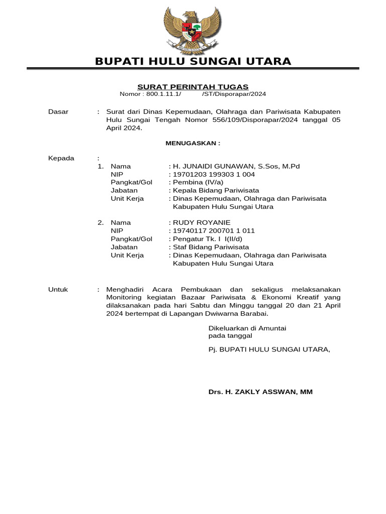 Surat Tugas Kop Bupati | PDF