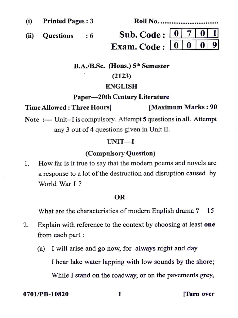 BA BSC Hons 5th Sem English Paper 20th Century Literature January 2024 ...