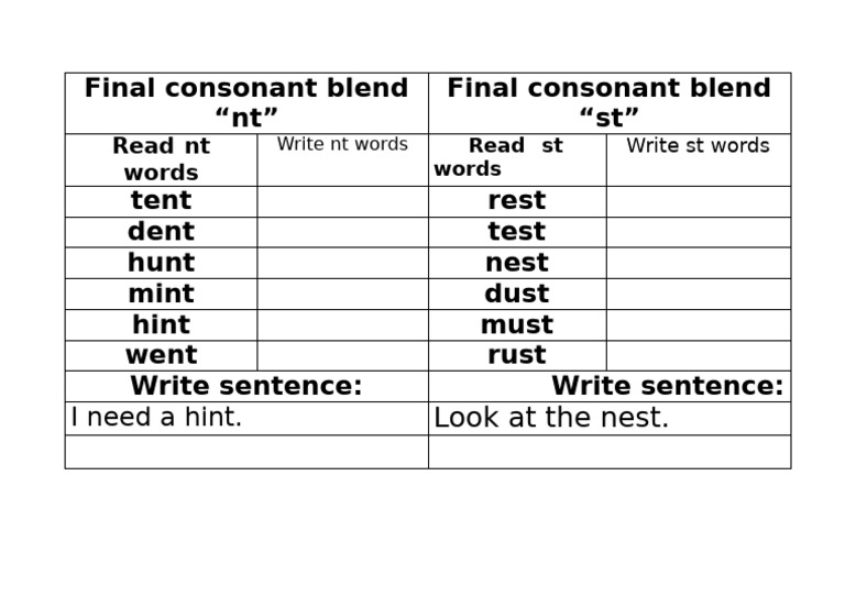 Final Consonant Blends: NT & ST | PDF