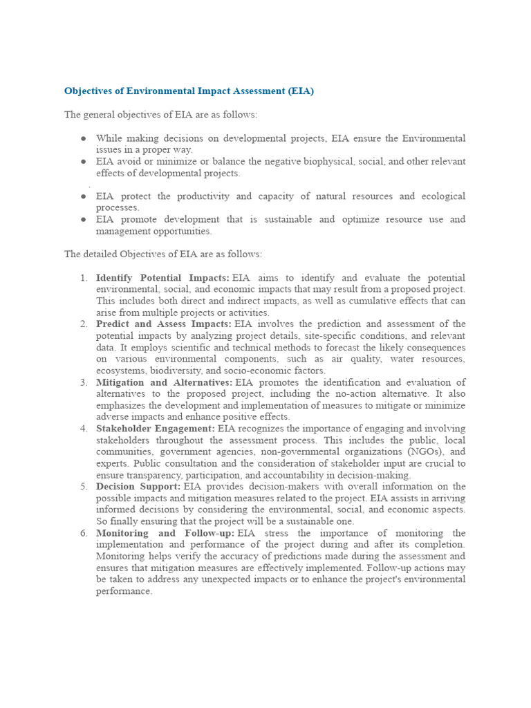 EIA -Objectives.docx | PDF | Environmental Impact Assessment | Sustainability
