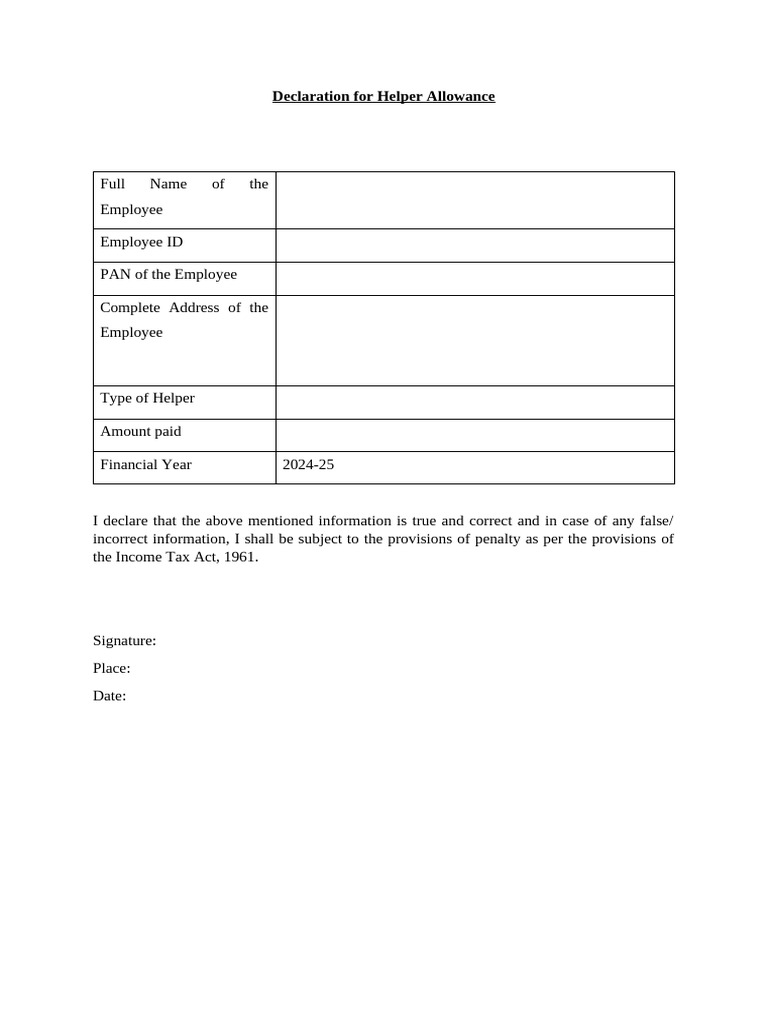 Self Declaration For Helper Allowance | PDF