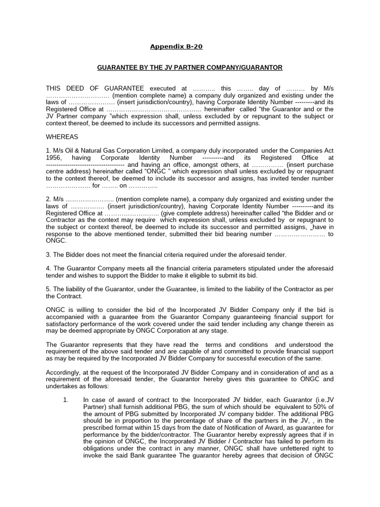 Vol I 17 Appendix B-20 - Guarantee by JV Updated | PDF | Surety | Business Law
