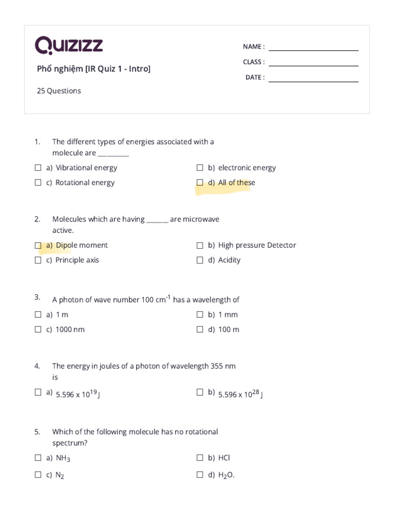 Phổ Nghiệm IR Quiz 1 Intro - Print Quizizz | PDF | Infrared | Infrared ...