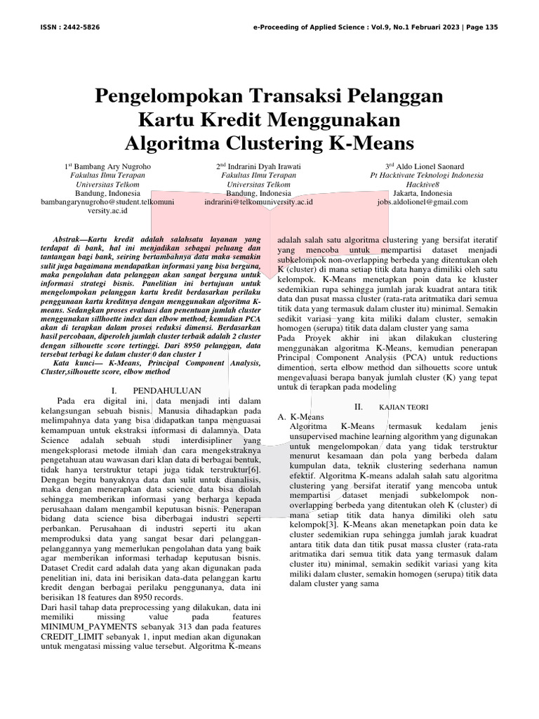 Pengelompokan Transaksi Pelanggan Kartu Kredit Menggunakan Algoritma Clustering Kmeans | PDF
