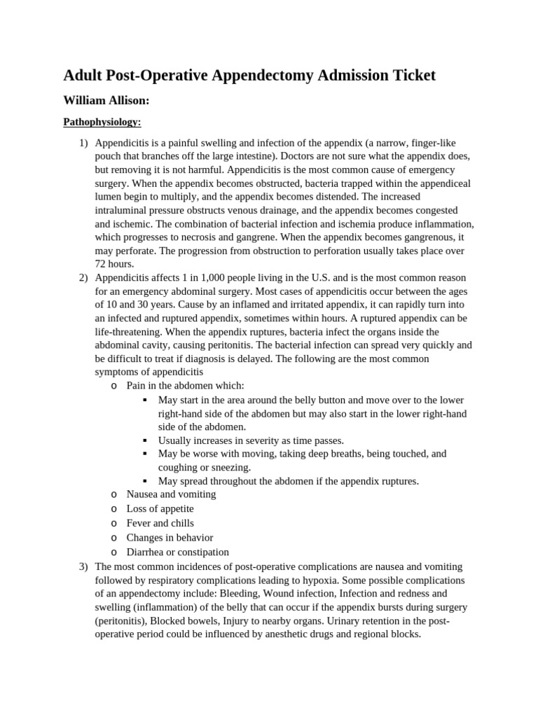 Adult Post-Appendectomy Admission Ticket | PDF | Thrombosis | Wound Healing