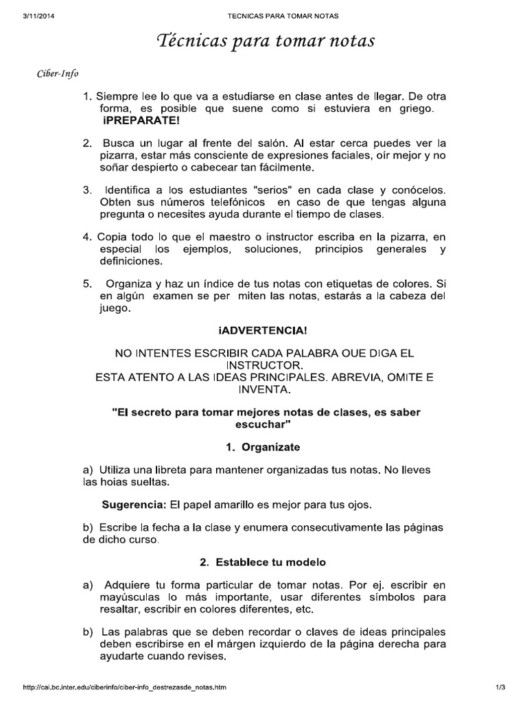 Tecnicas para Tomar Notas | PDF