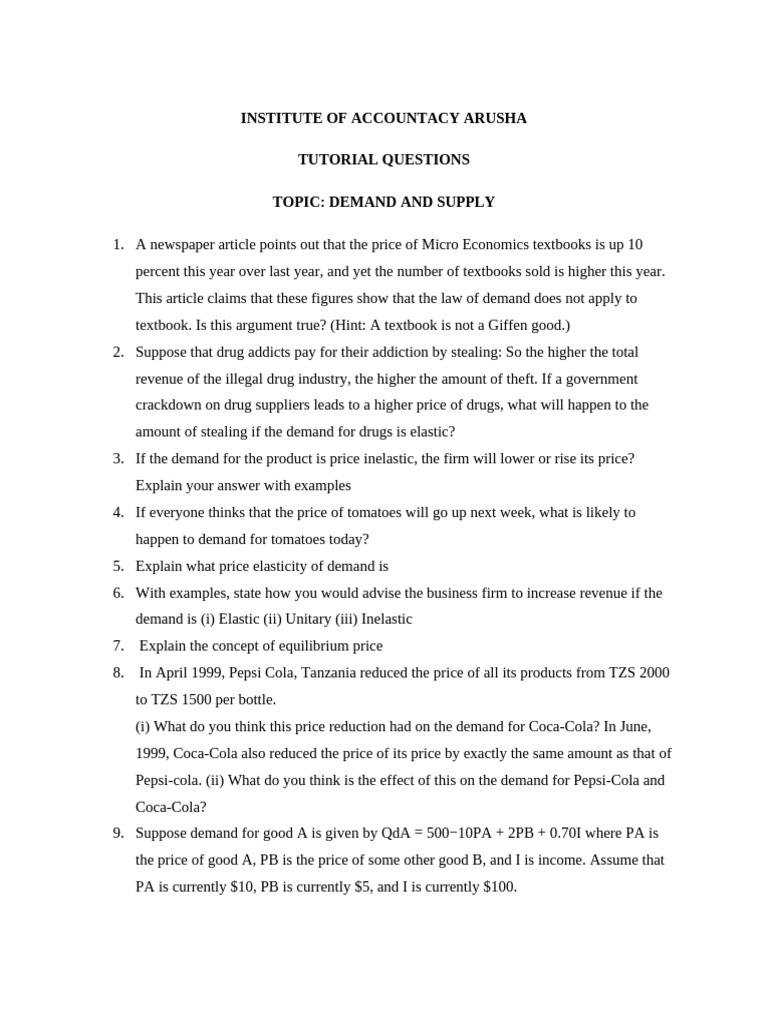 Tutorial Questions - Demand and Supply | PDF | Elasticity (Economics ...