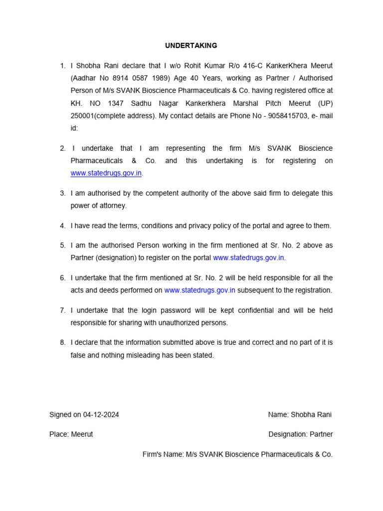 Pharma Registration Undertaking | PDF