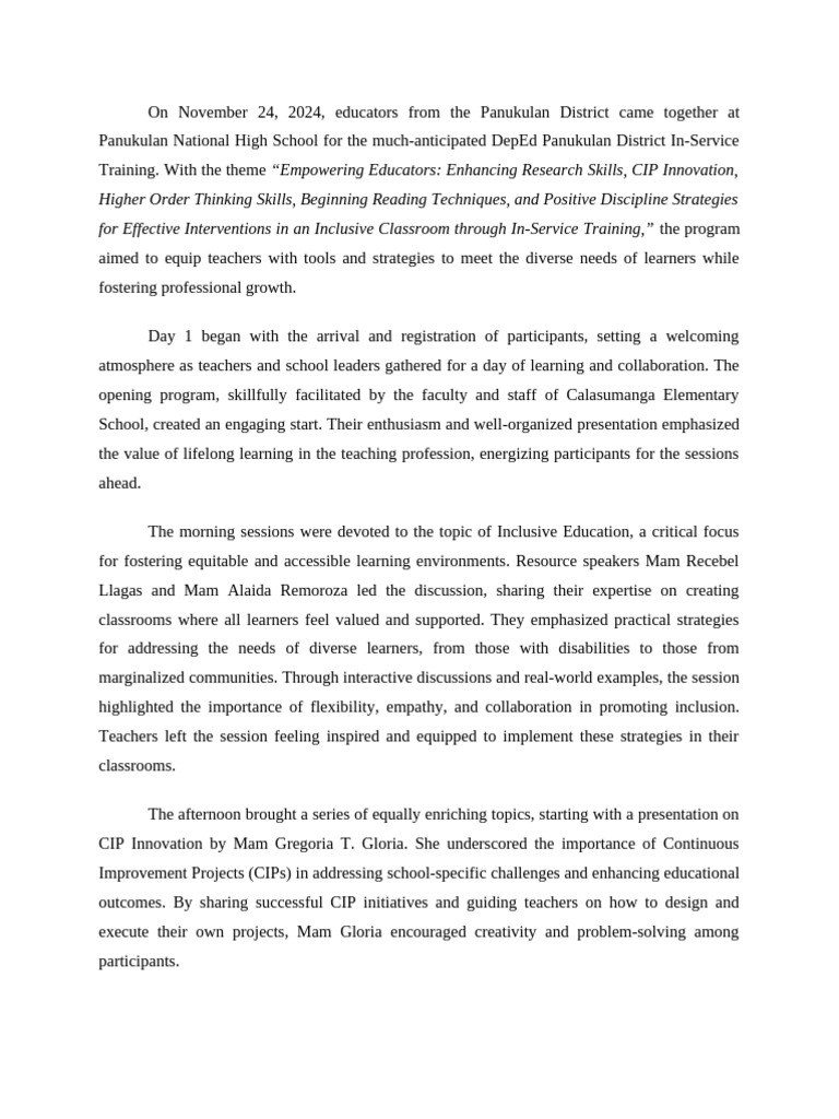 District Inset Day 1 Narrative | PDF