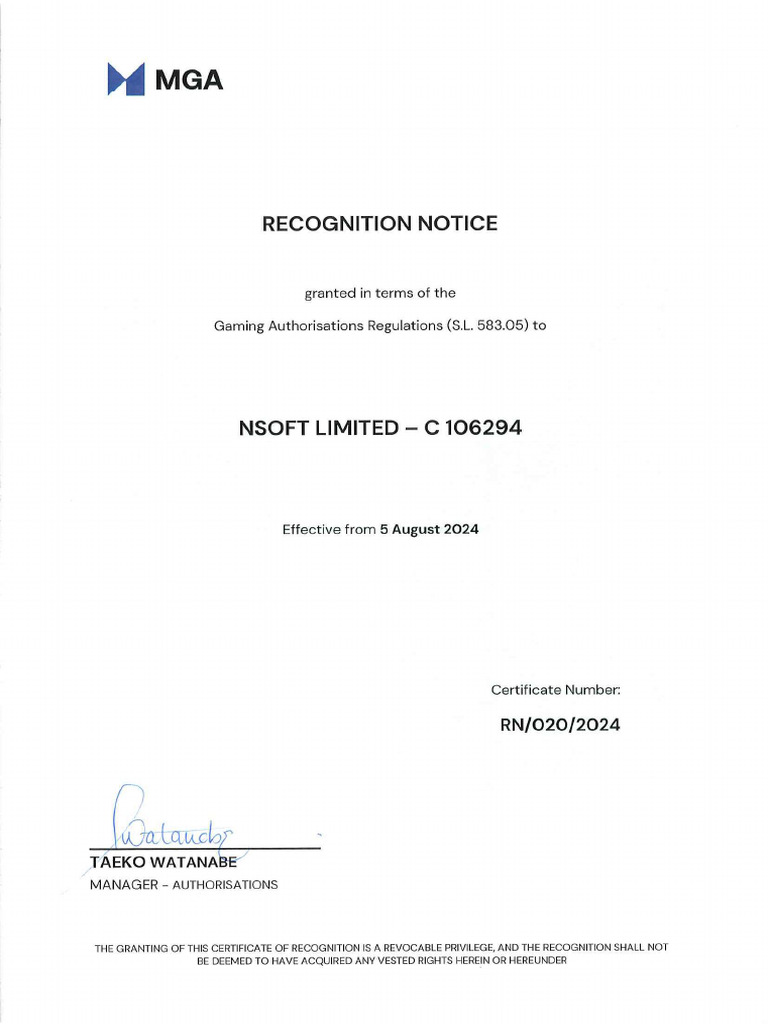 NSoft MGA Recognition Notice Certificate | PDF