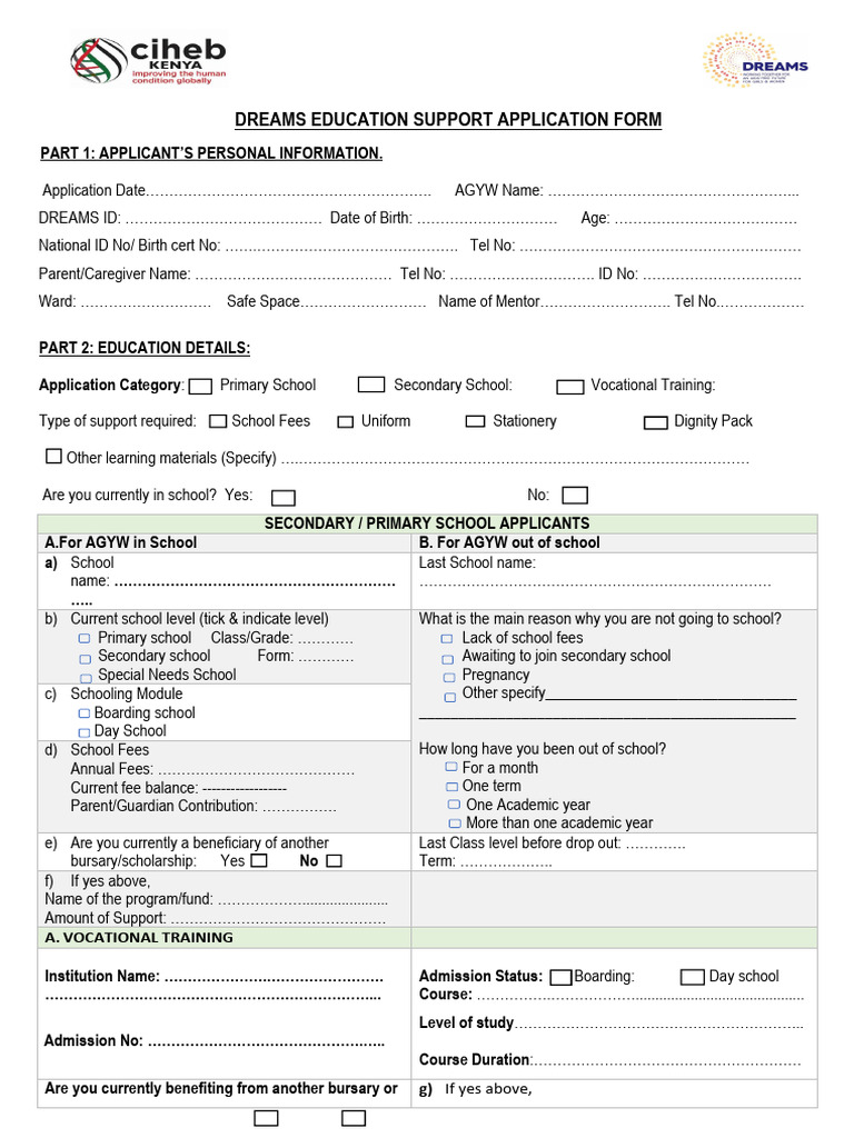 DREAMS Education Support Application Form | PDF