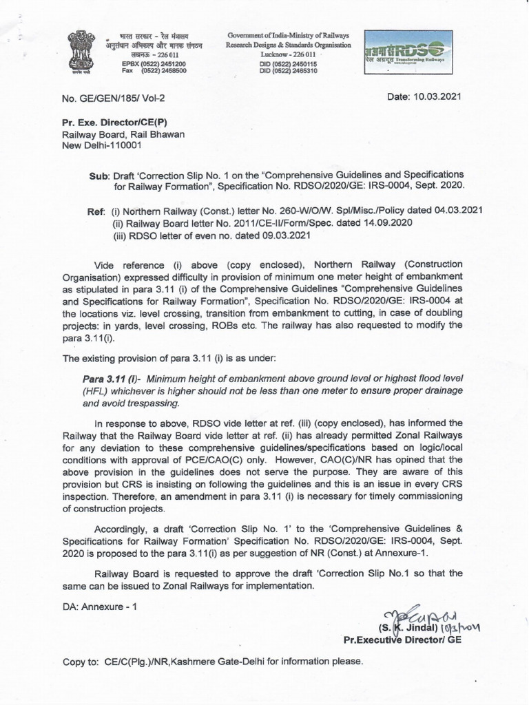 GE RDSO Letter To Rly BD On Correction Slip 1 To Comprehensive Guidelines | PDF