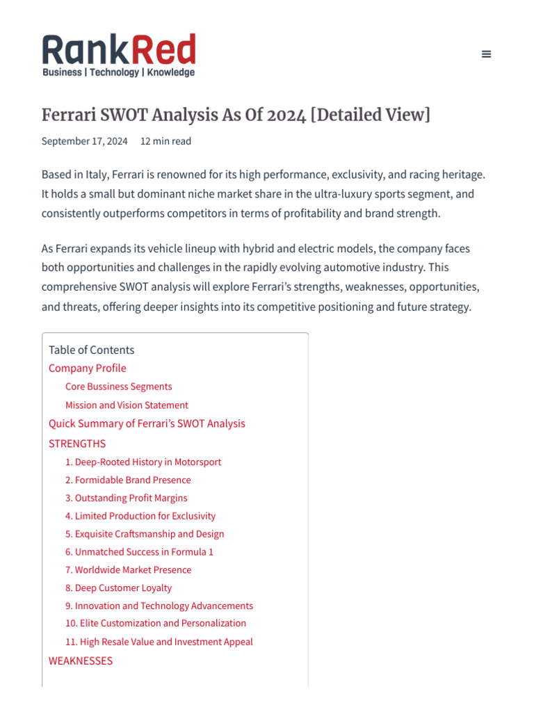 Ferrari SWOT Analysis As of 2024 (Detailed View) - RankRed | PDF ...