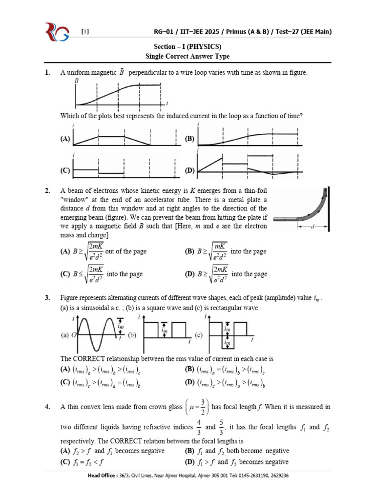 JEE Main Test-27 - Primus - A & B - Paper | PDF | Inductance ...
