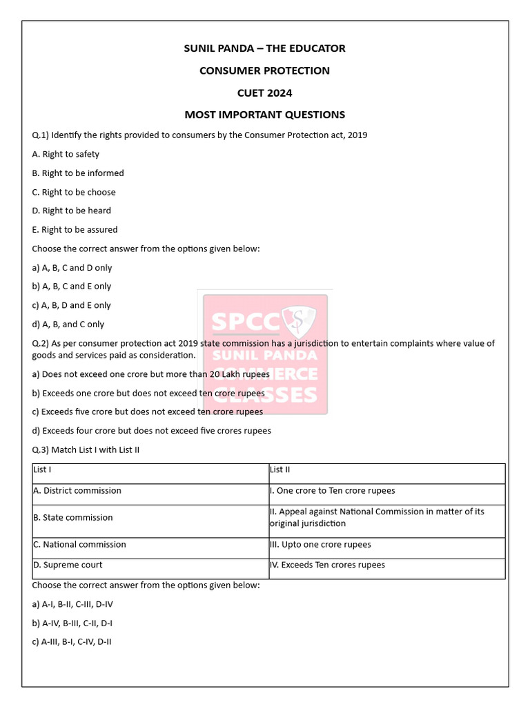Consumer Protection BST MCQ CUET Questions - 42301306 | PDF | Justice | Crime & Violence