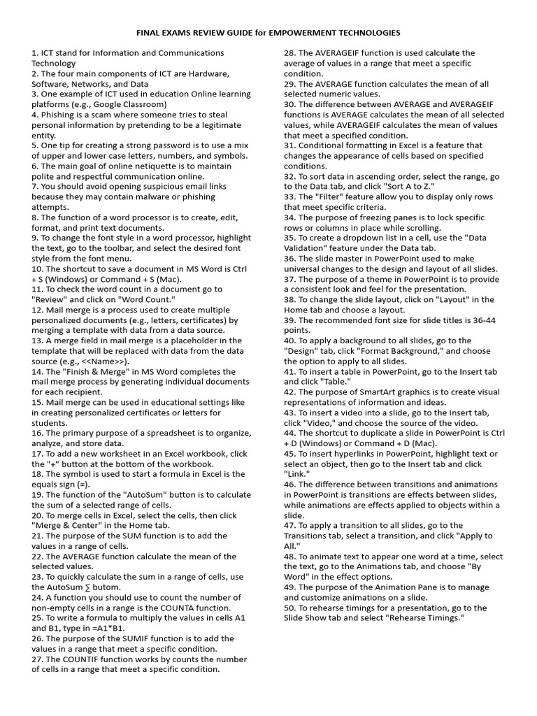 EmpTech-Finalls-Reviewer | PDF | Microsoft Excel | Microsoft Word