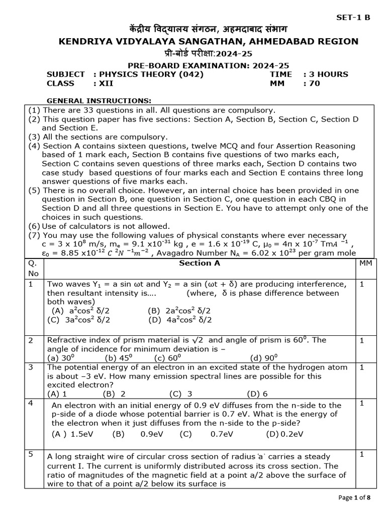 Physics - Xii-Qp-Pb-2024-25-Set-1b | PDF | Photoelectric Effect | Physical Quantities