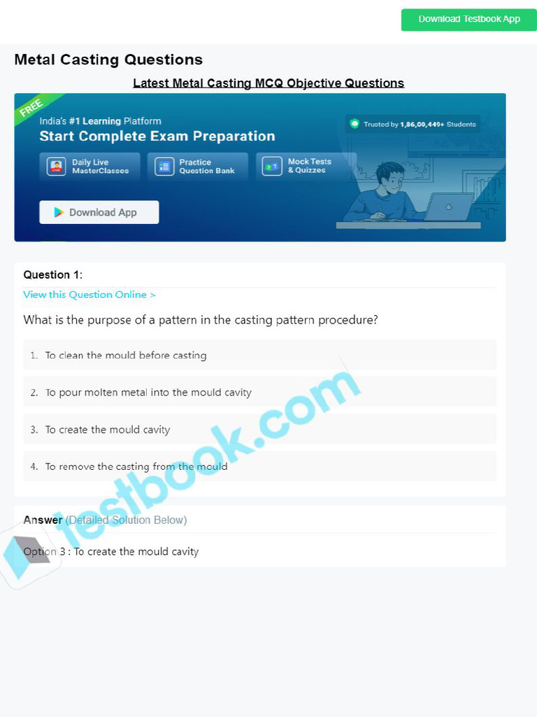 MCQ On Metal Casting 5eea6a0d39140f30f369e2cb | PDF