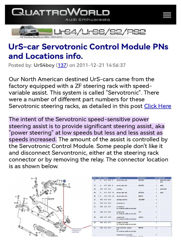 Forums- UrS-car Servotronic Control Module PNs and Locations Info. - qq ...