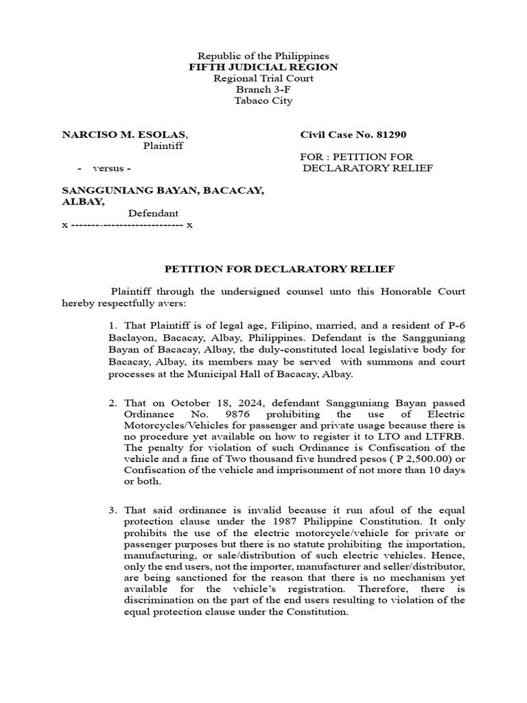 Petition For Declaratory Relief | PDF | Local Ordinance | Common Law