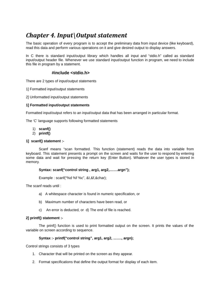 Chapter 4 Input Output Statementdoc Pdf Inputoutput Computer Data 
