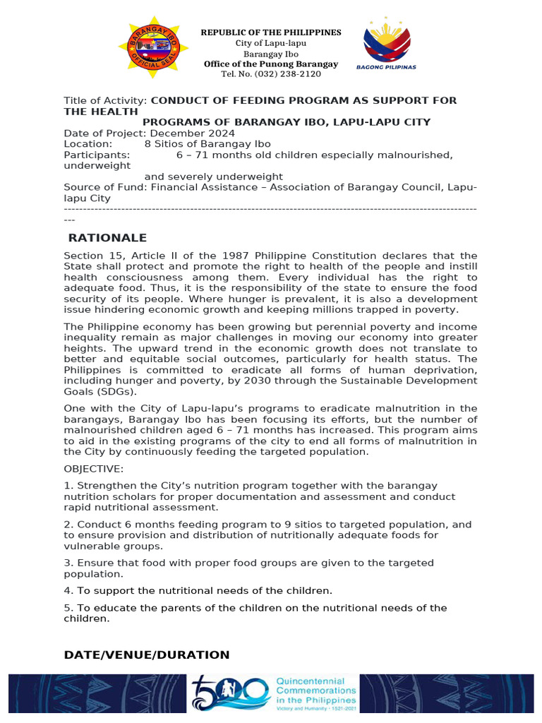 Barangay Ibo Feeding Program Design 2024 | PDF | Malnutrition | Poverty