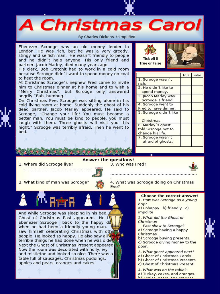 A Christmas Carol Simplified Version Key Included Reading Comprehension ...