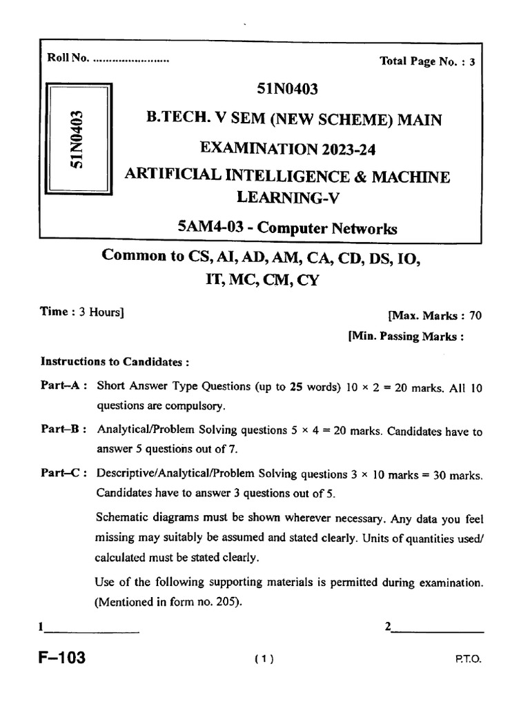 Btech Cs It 5 Sem Computer Networks 51n0403 2024 | PDF