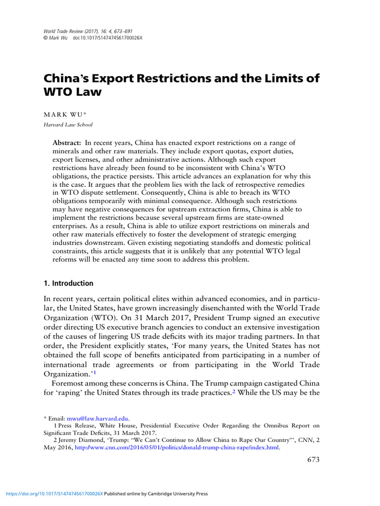 China's Export Restrictions and The Limits of WTO Law - 2017 - WORLD ...