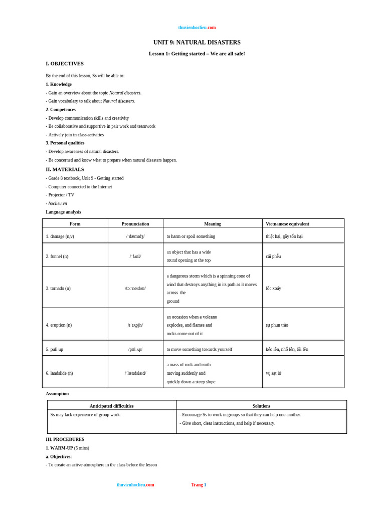 8th Grade - Unit 9 - Natural Disasters | PDF | Stress (Linguistics) | Natural Disasters